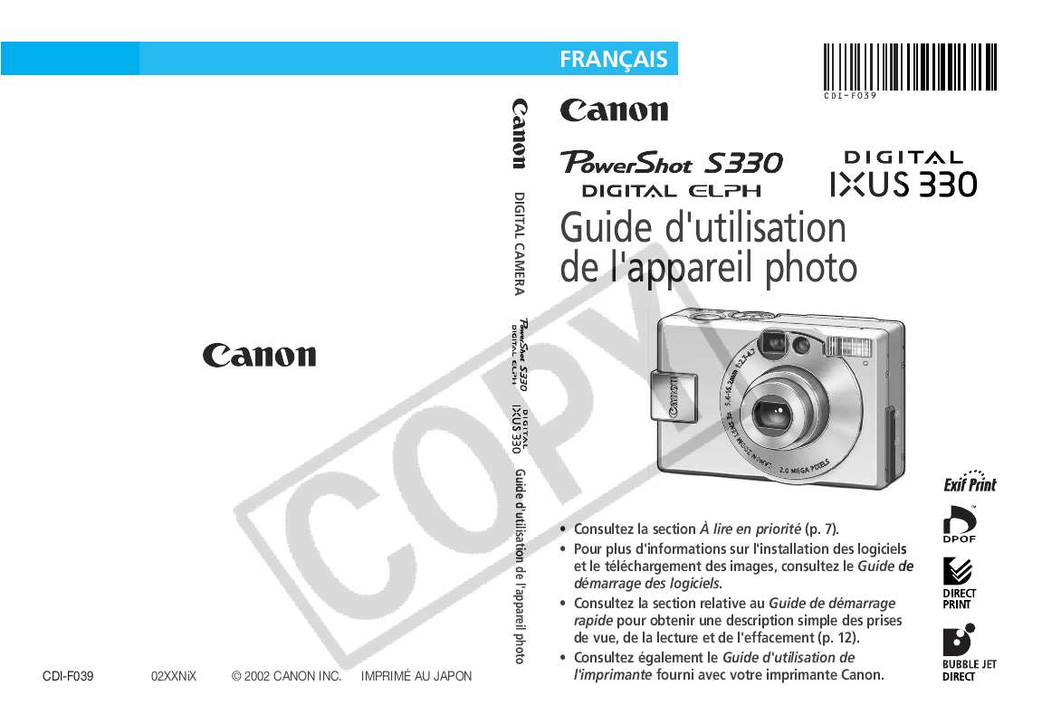 Notice CANON IXUS 330 - appareil photo Trouver une solution à un problème CANON IXUS 330 mode d ...